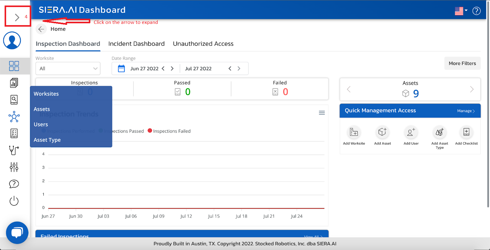 How does the collapsible navigation menu work on the dashboard?