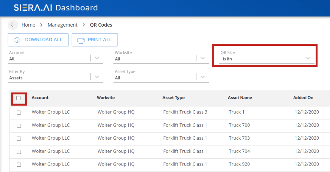 How to select printer and page layout while printing QR codes?